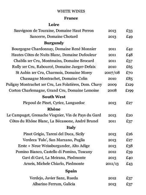 Menu at The Pearson Room restaurant, London