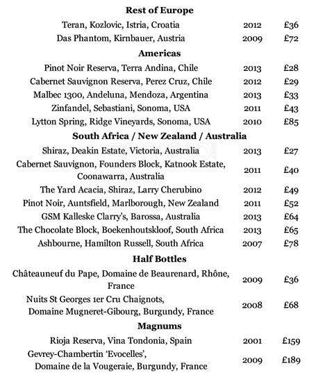 Menu at The Pearson Room restaurant, London
