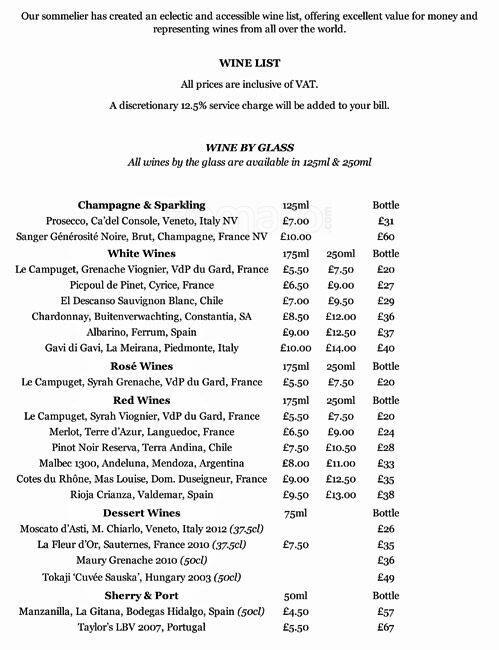 Menu at The Pearson Room restaurant, London