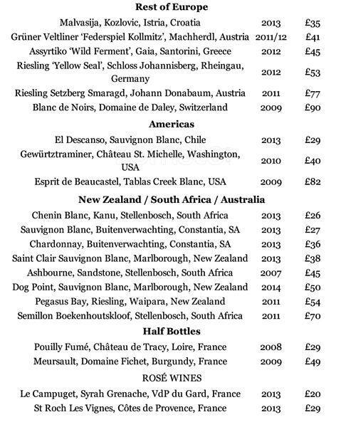 Menu at The Pearson Room restaurant, London
