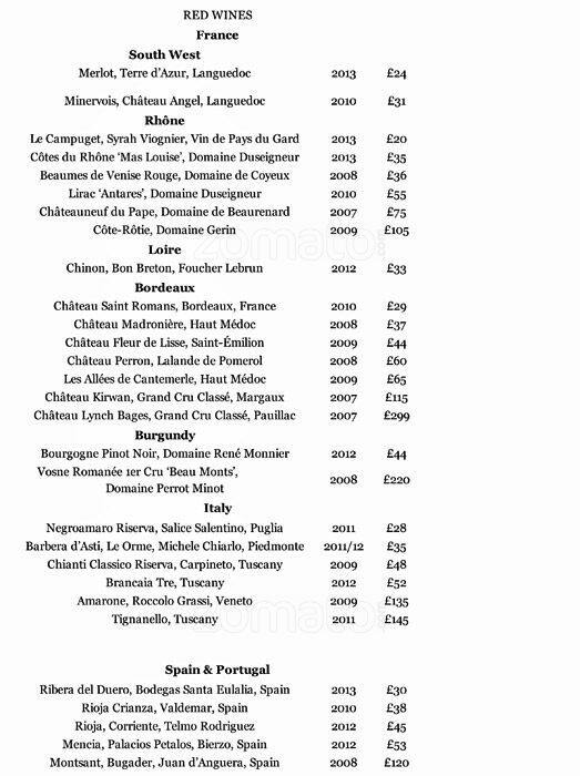 Menu at The Pearson Room restaurant, London