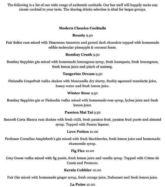 Menu at The Pearson Room restaurant, London