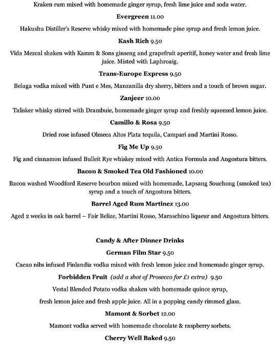 Menu at The Pearson Room restaurant, London