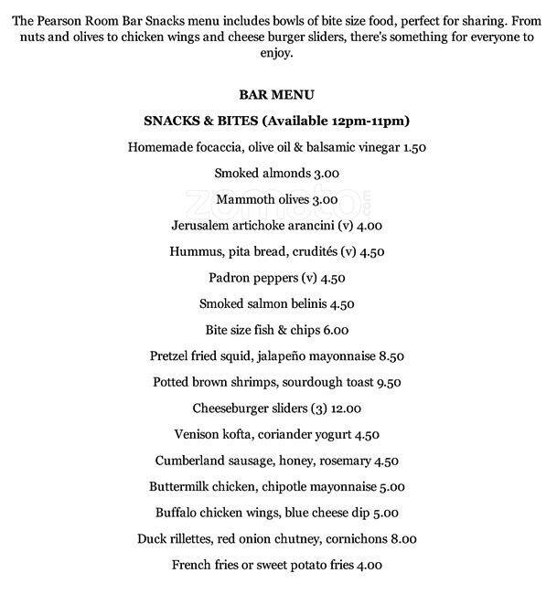 Menu at The Pearson Room restaurant, London