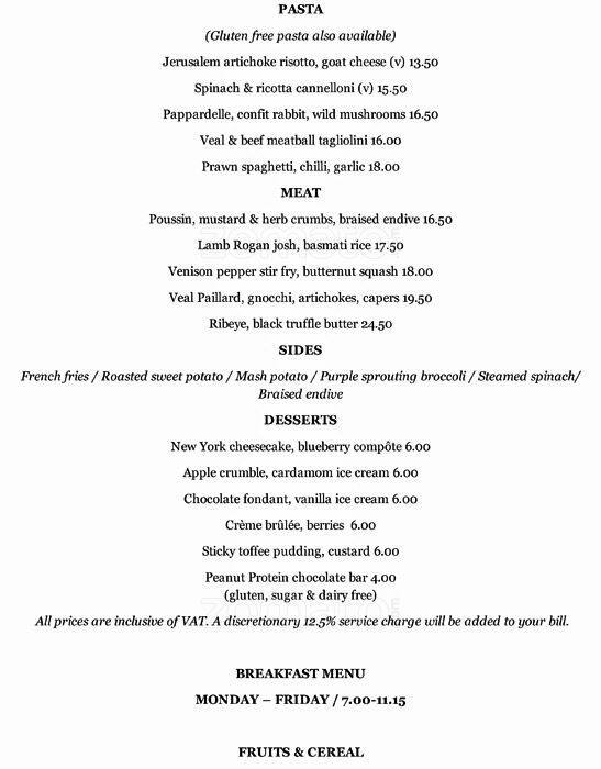Menu at The Pearson Room restaurant, London