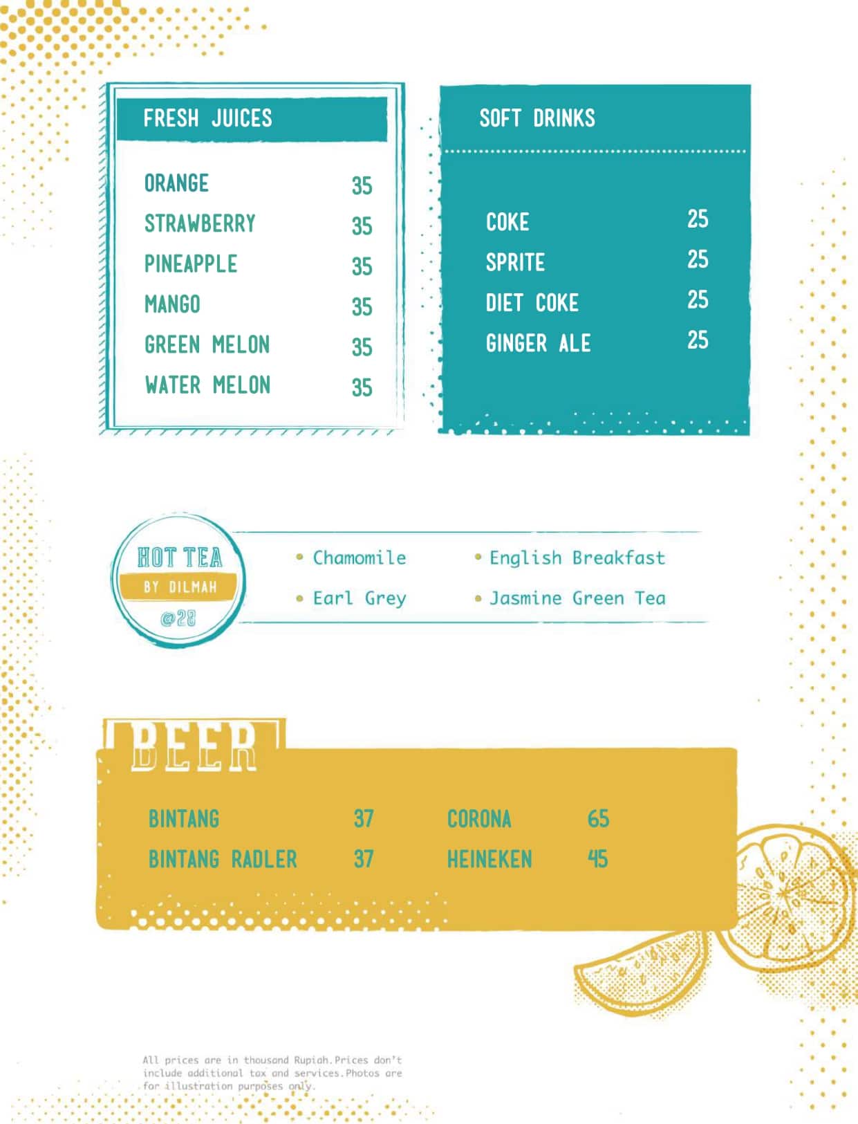 Menu at Tom Tom restaurant, Jakarta