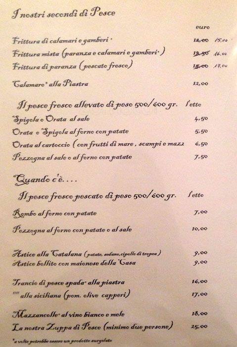Menu at I Limoncini restaurant, Rome, Via del Giuba