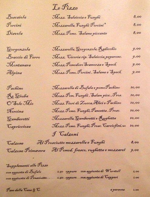 Menu at I Limoncini restaurant, Rome, Via del Giuba