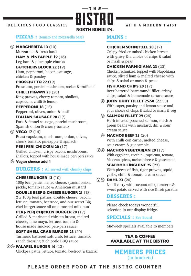 Menu at North Bondi RSL Club, North Bondi