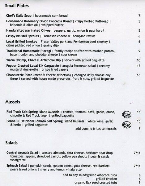 Menu at Central Bistro restaurant, Vancouver