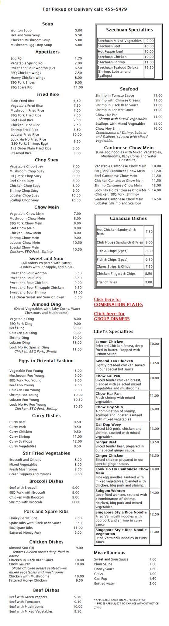 Menu at Look Ho Ho Restaurant, Halifax