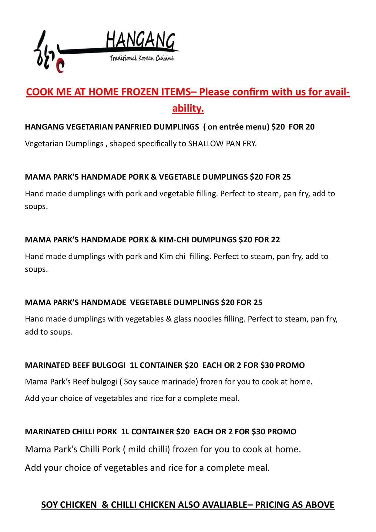 Menu at Hangang Korean BBQ, Strathfield