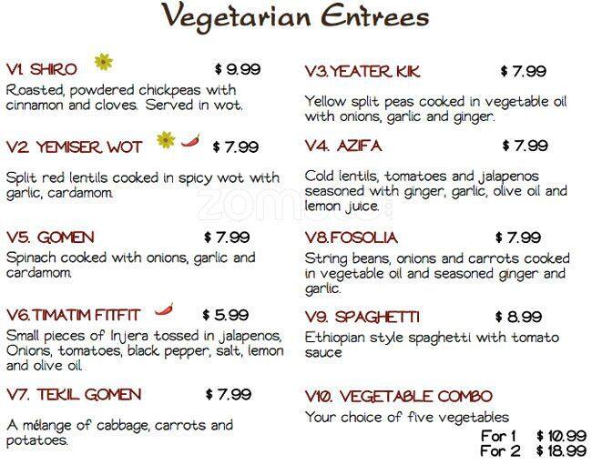 Menu at Addis Abeba Ethiopian Restaurant, Richardson