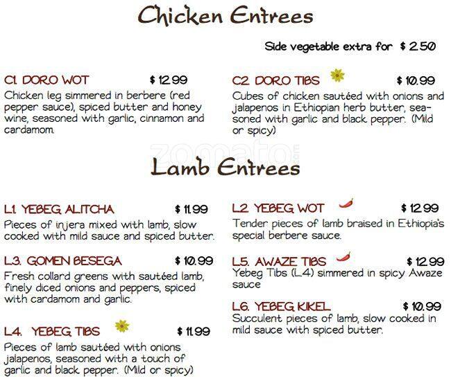 Menu at Addis Ababa restaurant, Richardson