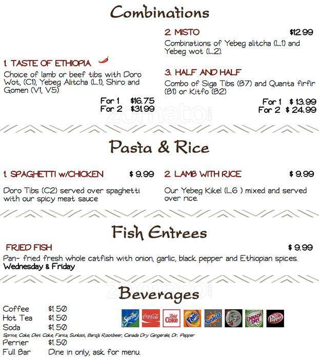 Menu at Addis Abeba Ethiopian Restaurant, Richardson