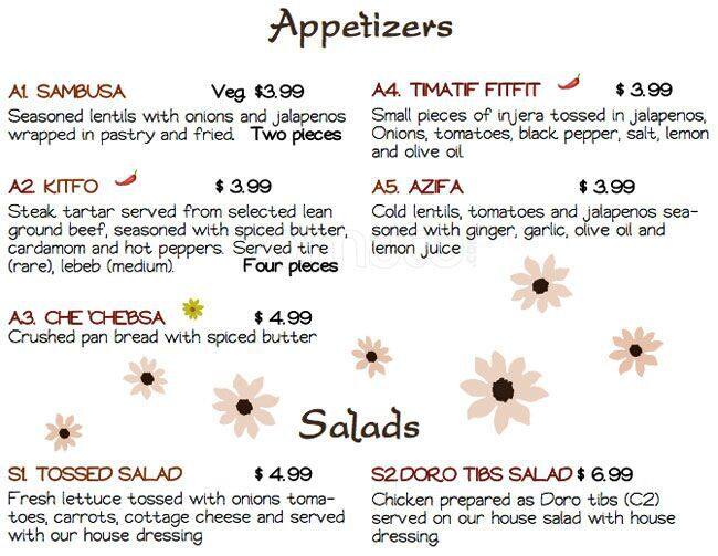 Menu at Addis Ababa restaurant, Richardson