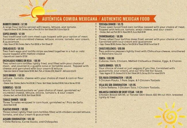 Menu at Villa del Sol restaurant, Merrillville, W Lincoln Hwy