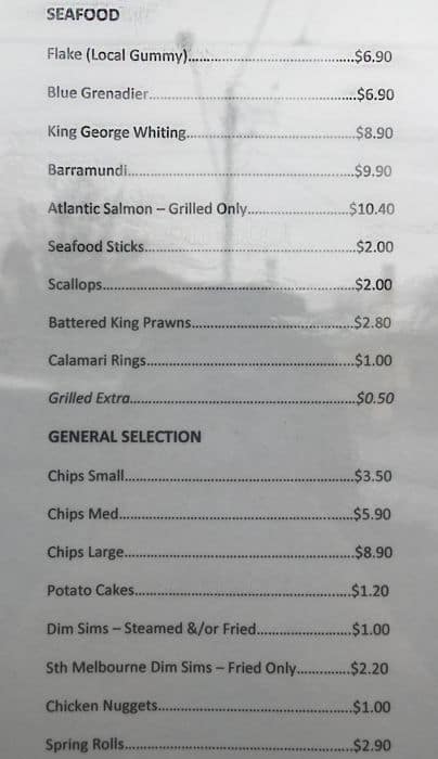 Menu at The Fish Club, Malvern East