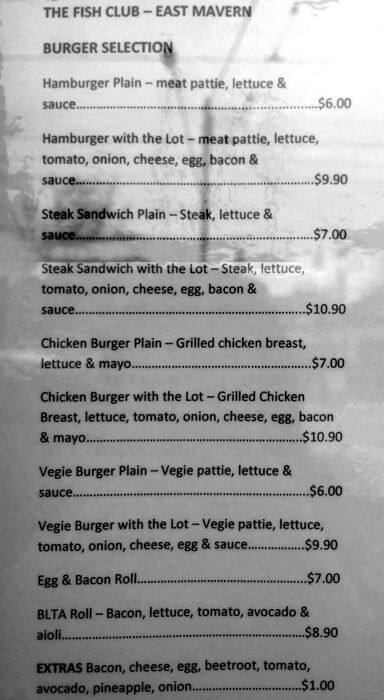 Menu at The Fish Club, Malvern East
