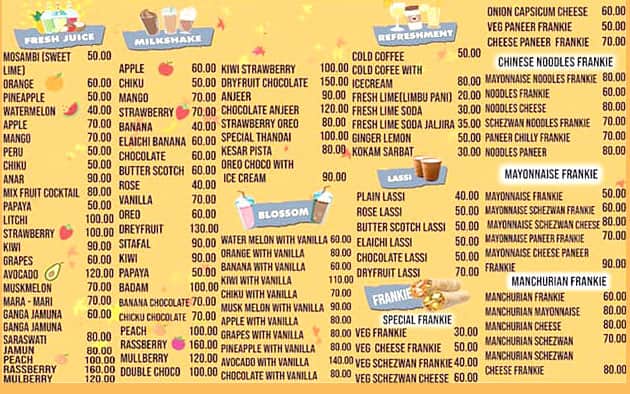 Menu of Parle Juice Centre, Vile Parle East, Mumbai