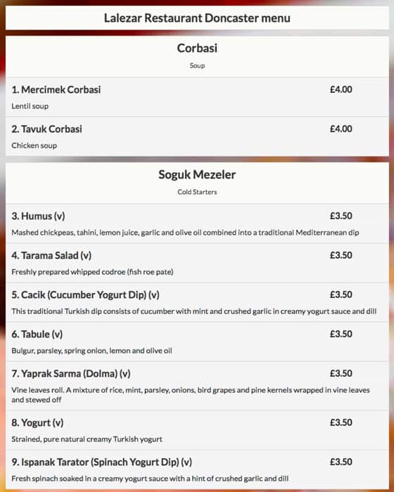 Menu at Lalezar BBQ & Meze, Doncaster