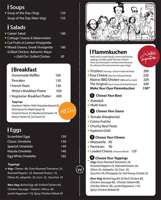 Menu of Writer’s Cafe, Anna Nagar West, Chennai