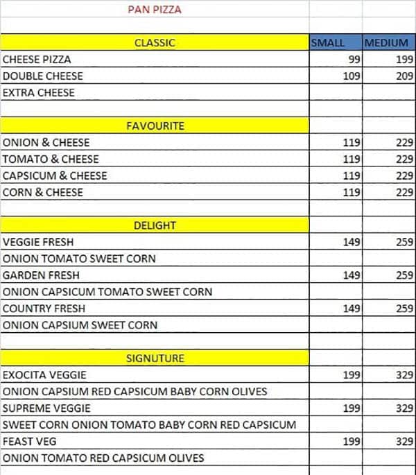 Menu of Pizza Heart, Banjara Hills, Hyderabad