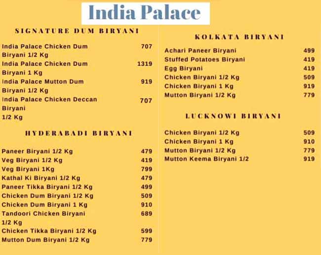 Menu of India Palace, Sainik Farms, New Delhi