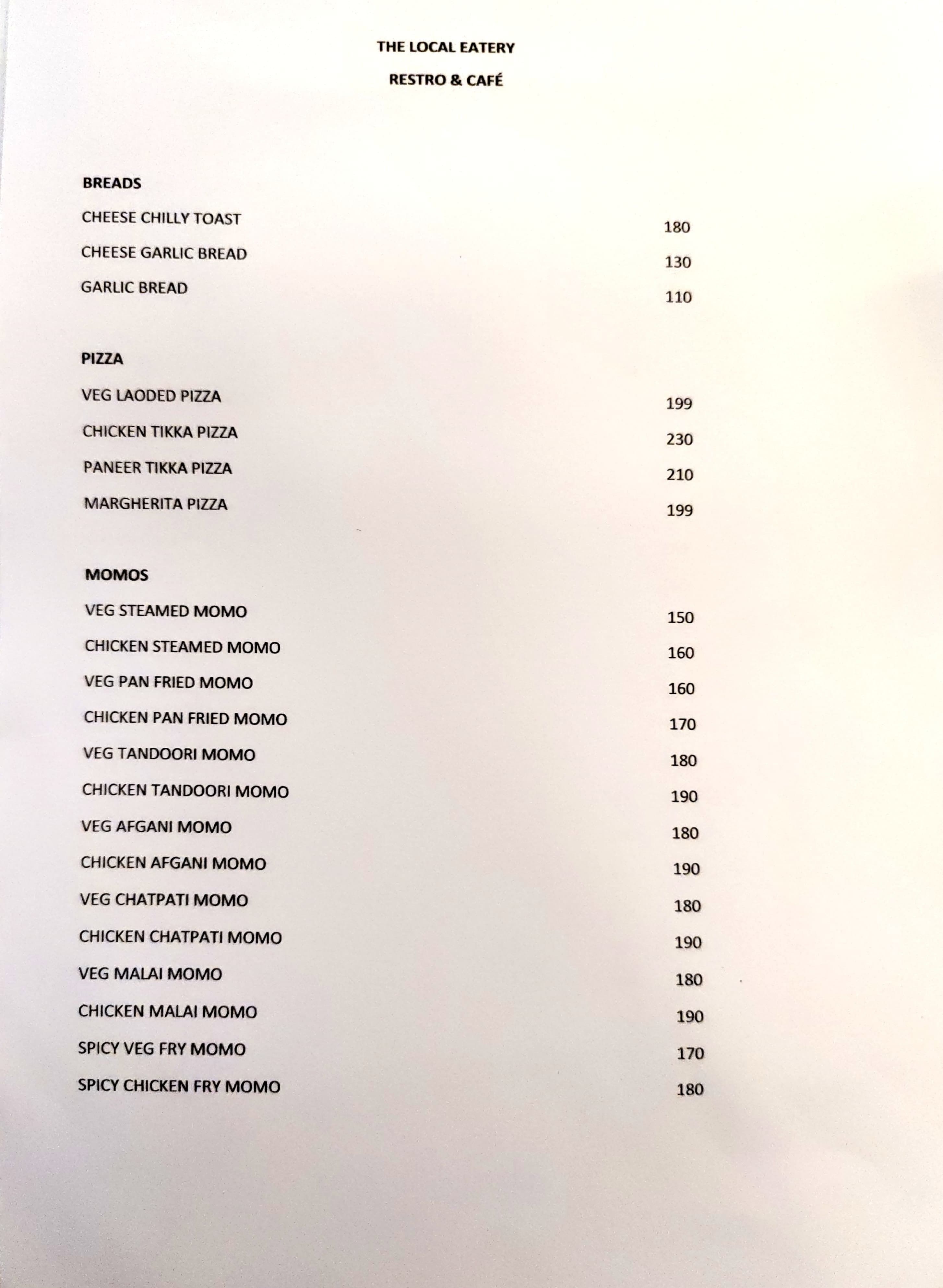 Menu at The Local Eatery, Ranchi