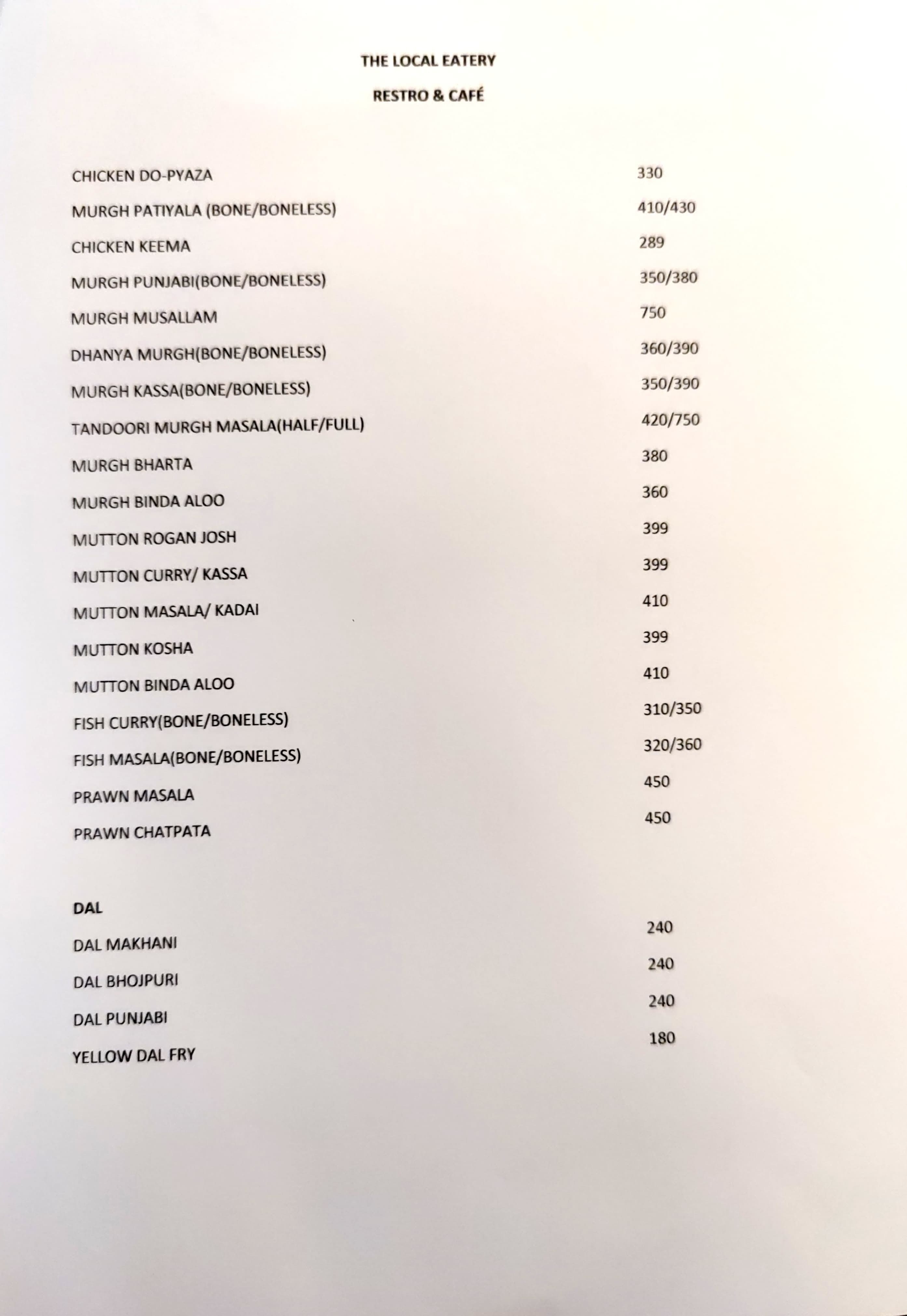Menu at The Local Eatery, Ranchi