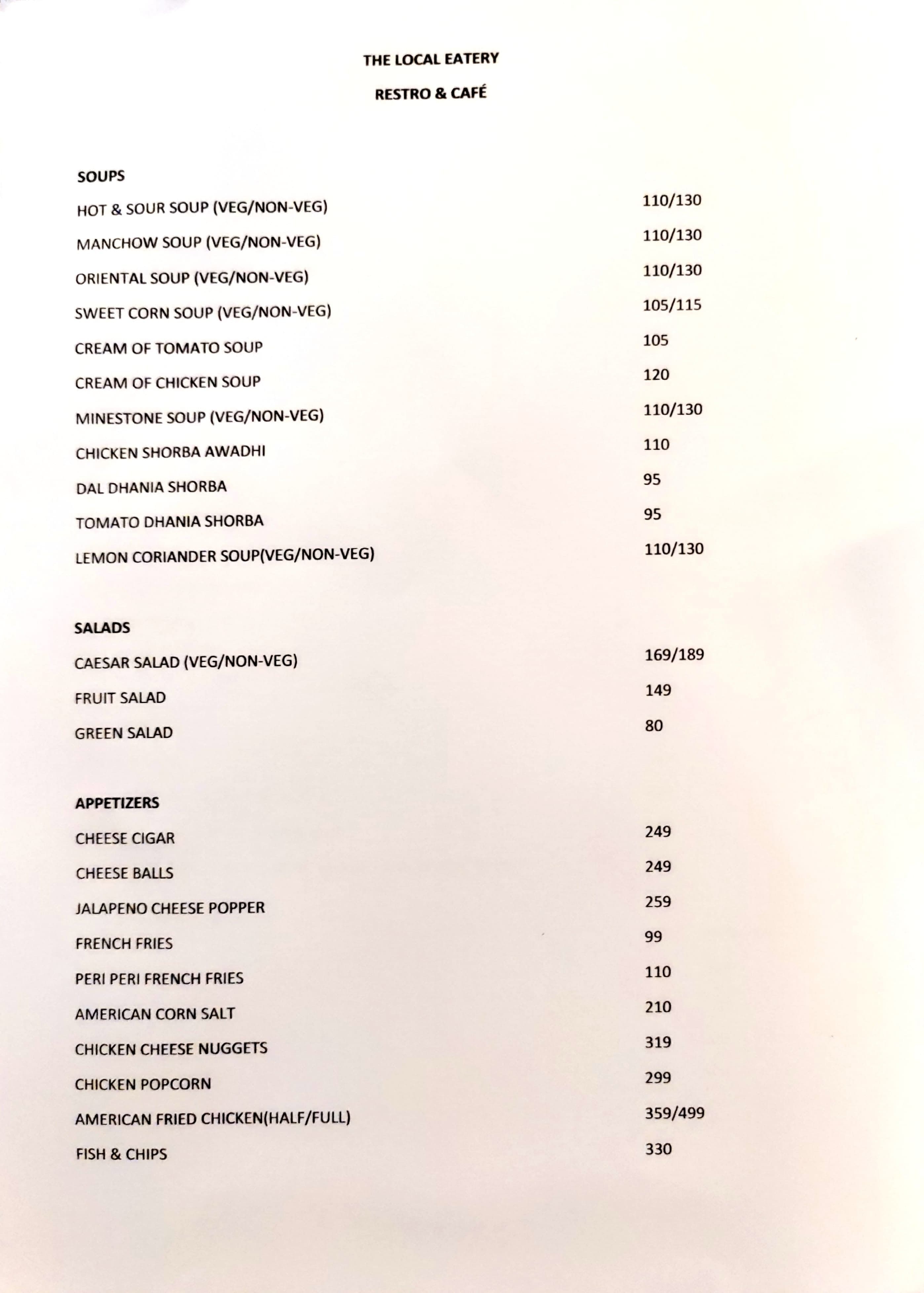 Menu at The Local Eatery, Ranchi