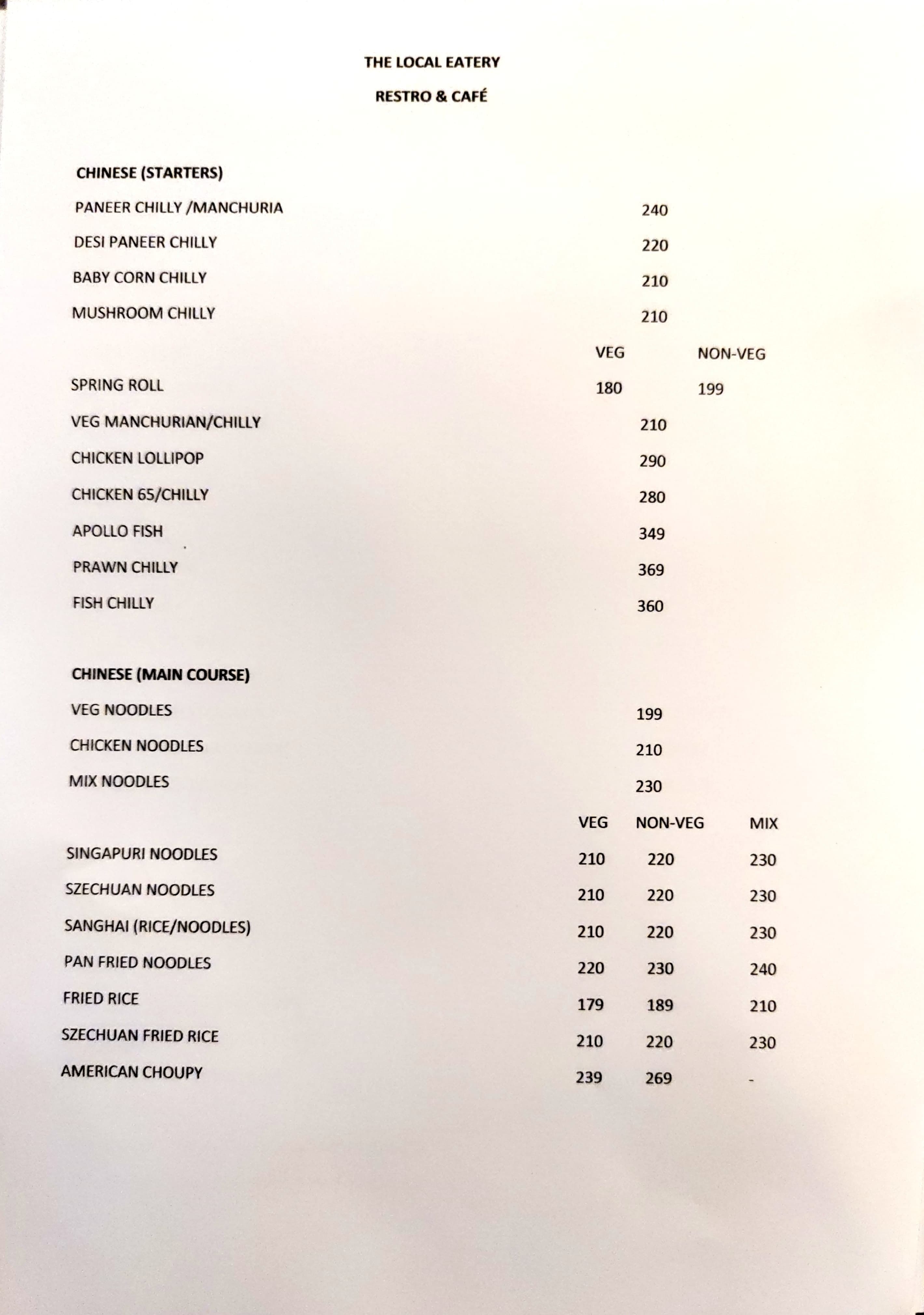Menu at The Local Eatery, Ranchi
