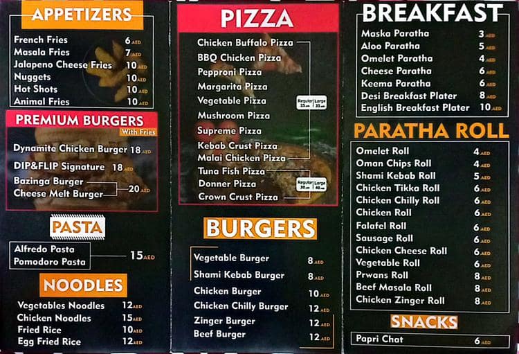 Menu of Dip & Flip, Al Nahda, Dubai