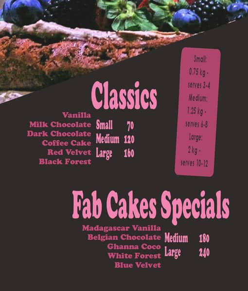 Menu of Fab Cakes, International City, Dubai