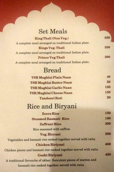 Menu at The Silk Route, Agra