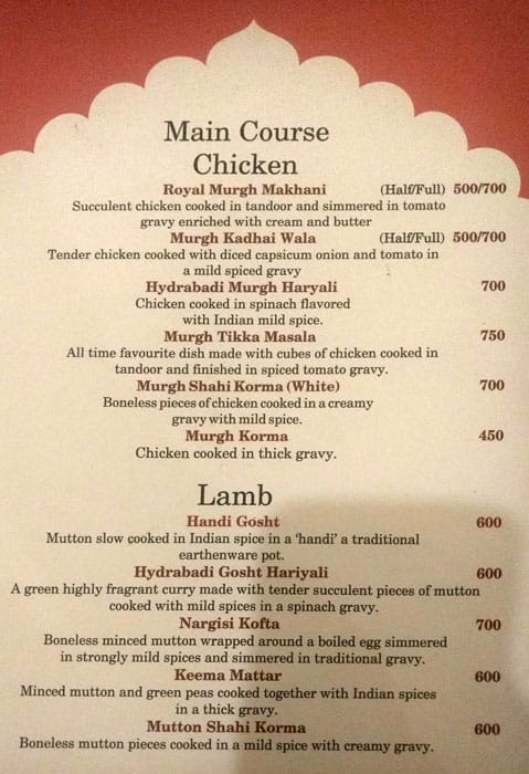 Menu at The Silk Route, Agra