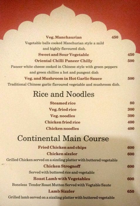 Menu at The Silk Route, Agra