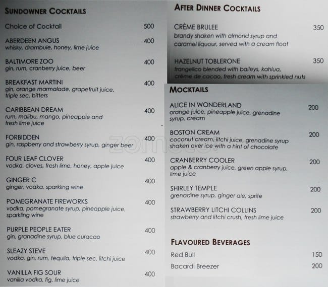 Menu at Sundowner, New Delhi, Hotel Vista