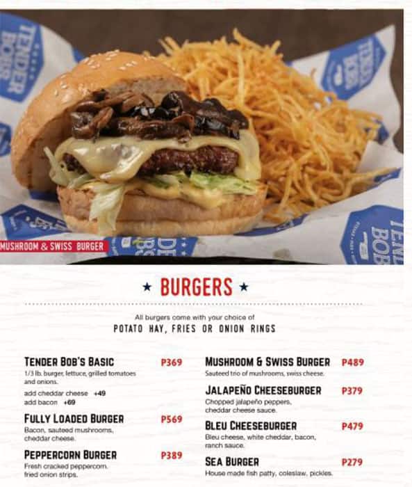 Menu at Tender Bobs restaurant, San Juan