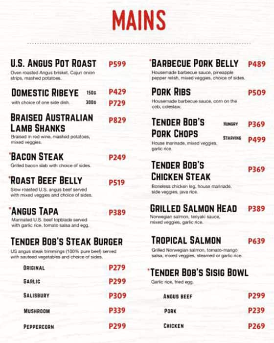 Menu at Tender Bobs restaurant, San Juan