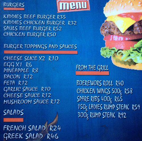 Menu at Saul's Pizza restaurant, Cape Town