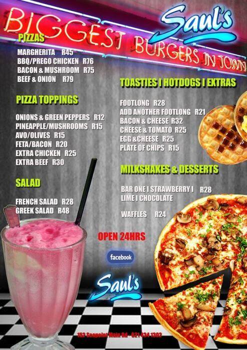 Menu at Saul's Pizza restaurant, Cape Town