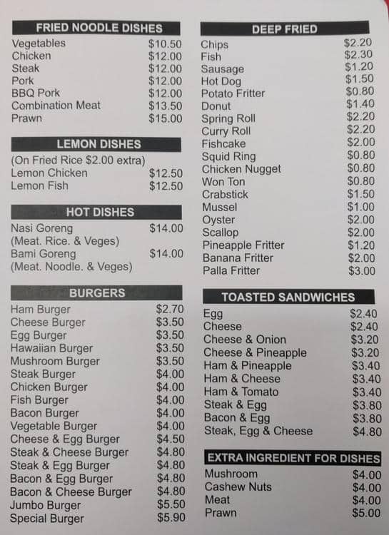 Menu at Success Takeaways fast food, Auckland