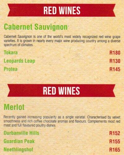 Menu at La Fiamma restaurant, Pretoria
