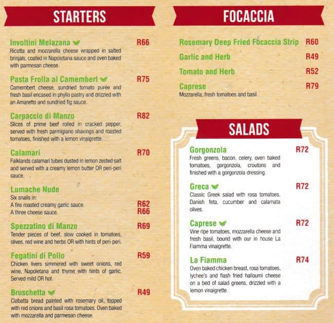 Menu at La Fiamma restaurant, Pretoria