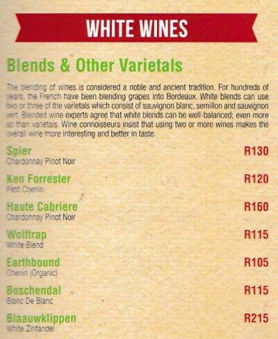 Menu at La Fiamma restaurant, Pretoria