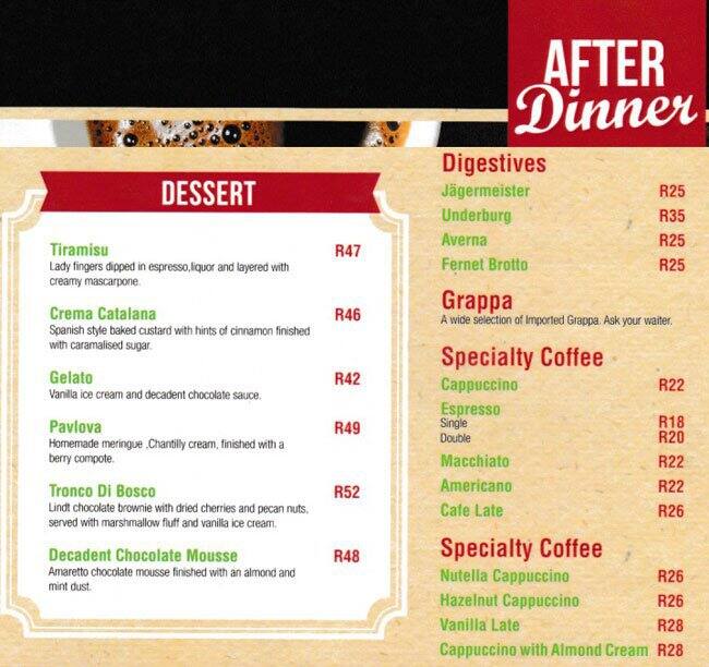 Menu at La Fiamma restaurant, Pretoria