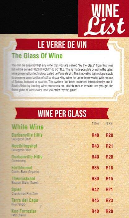 Menu at La Fiamma restaurant, Pretoria