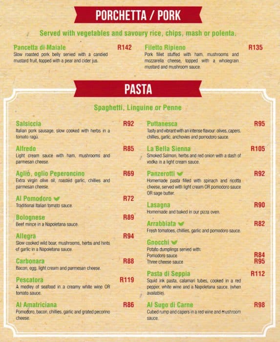 Menu at La Fiamma restaurant, Pretoria