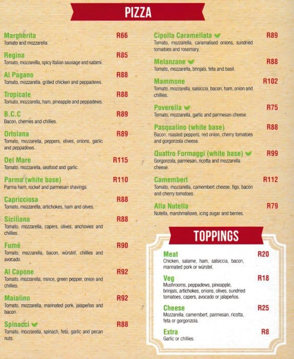 Menu at La Fiamma restaurant, Pretoria